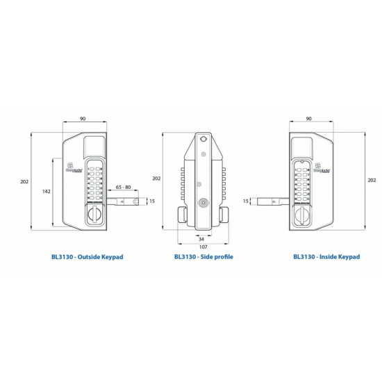 KNOP DRAAI TOETSENBORD, RUG NAAR RUG TOETSENBORD X2 MET 65-80MM VERGRE